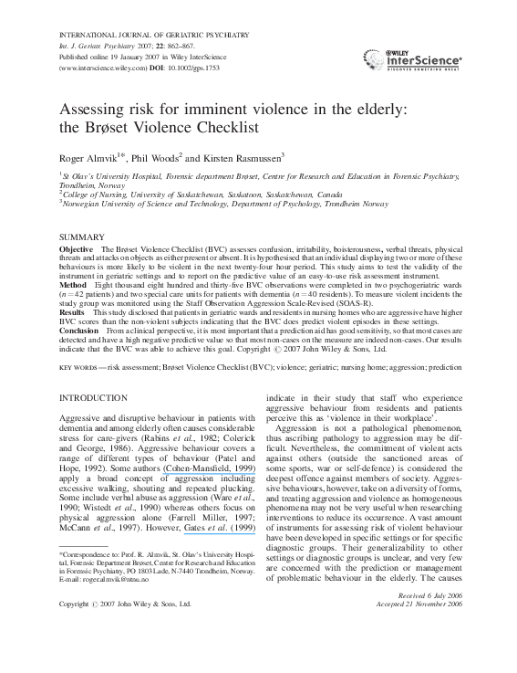 (PDF) Predicting inpatient violence using the Broset Violence Checklist ...