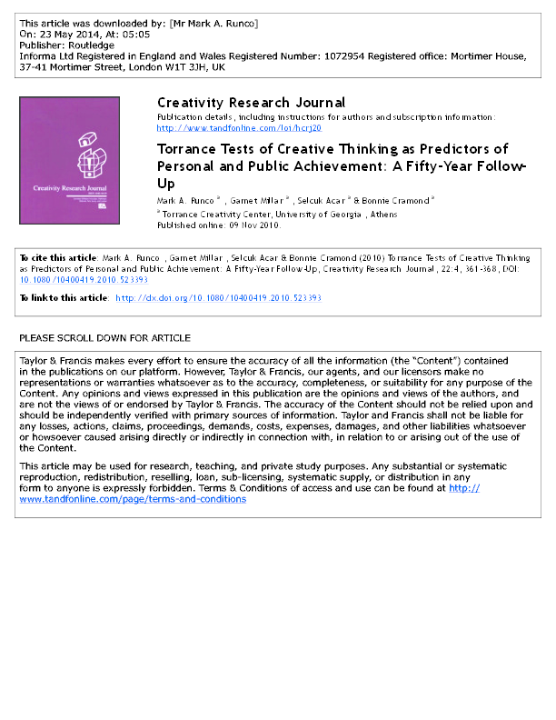 (PDF) Torrance Tests of Creative Thinking as Predictors of Personal and ...