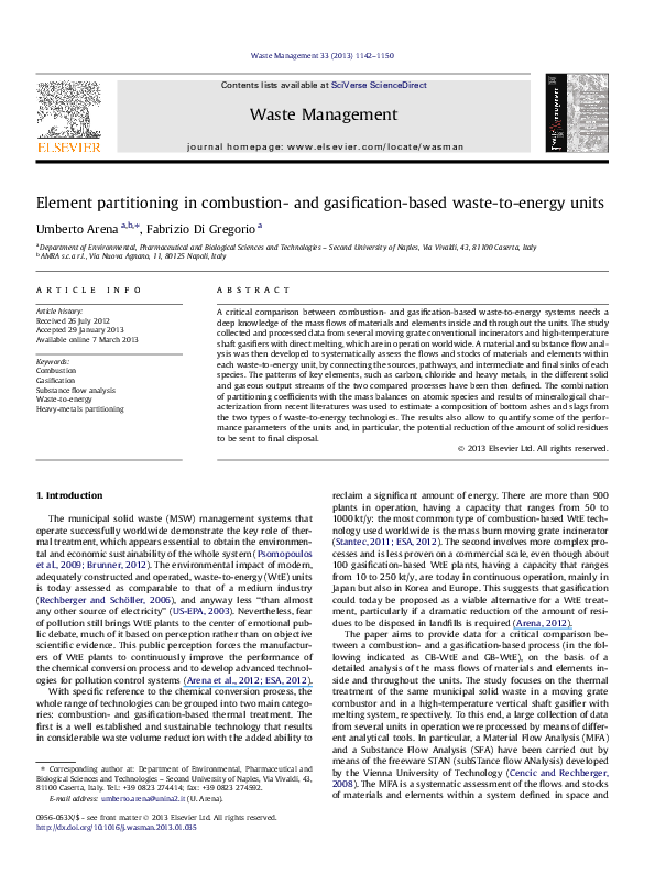 (PDF) Element partitioning in combustion- and gasification-based waste ...