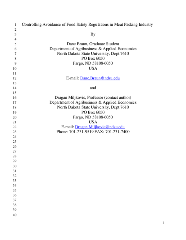 (PDF) Controlling Avoidance of Food Safety Regulations in Meat Packing ...