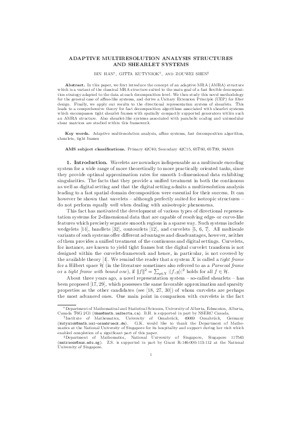 Pdf Adaptive Multiresolution Analysis Structures And Shearlet Systems