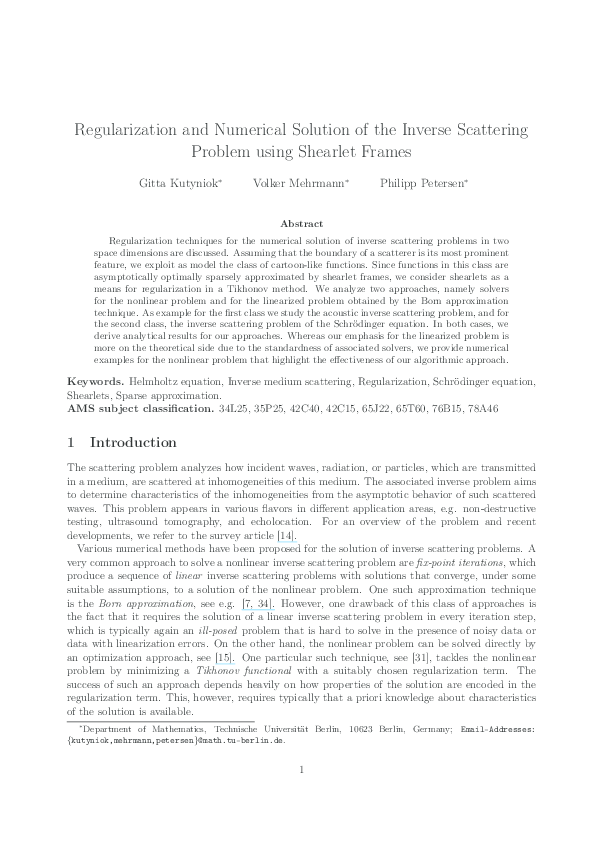 (PDF) Regularization and Numerical Solution of the Inverse Scattering Problem using Shearlet Frames