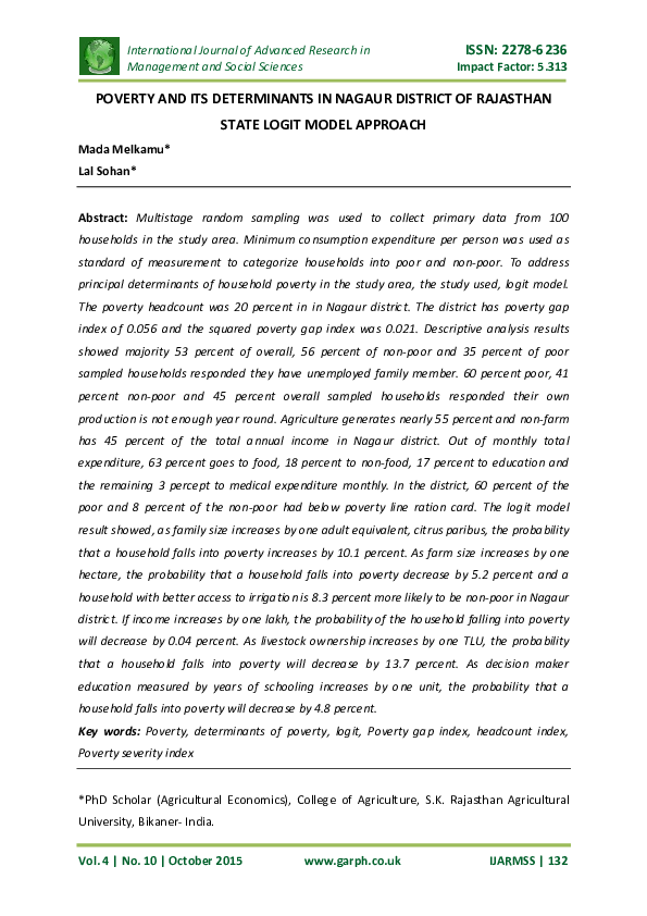 (PDF) Poverty and its determinants in Nagaur district of Rajasthan State Logit model approach