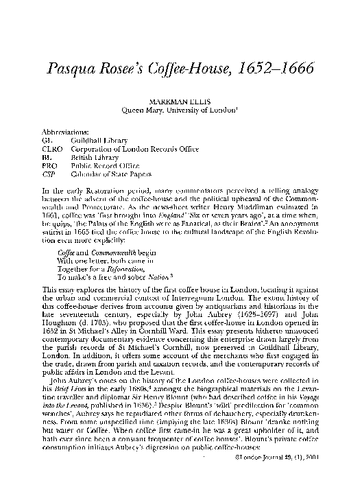 (PDF) ‘Pasqua Rosee’s Coffee House 1652-1666’, London Journal, 29: 1 ...