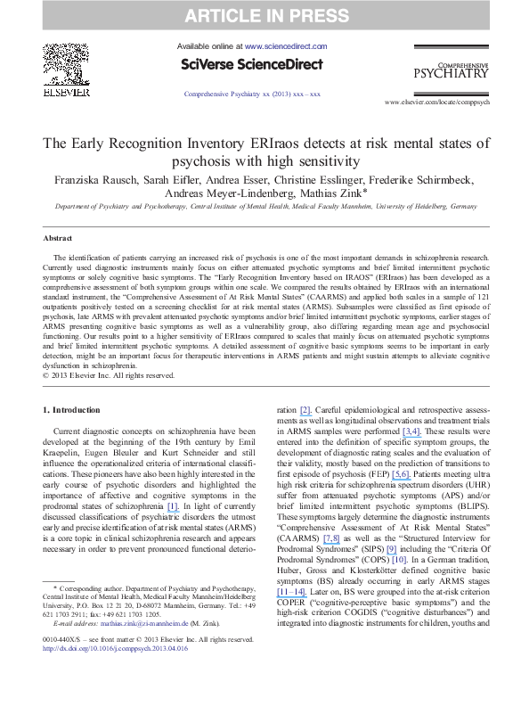 (PDF) The Early Recognition Inventory ERIraos detects at risk mental ...