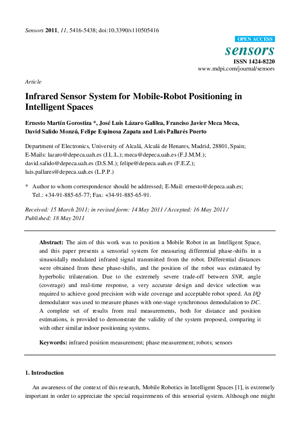 Pdf Infrared Sensor System For Mobile Robot Positioning In Intelligent Spaces