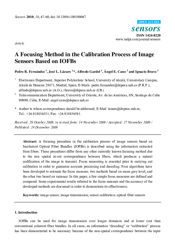 Pdf A Focusing Method In The Calibration Process Of Image Sensors Based On Iofbs