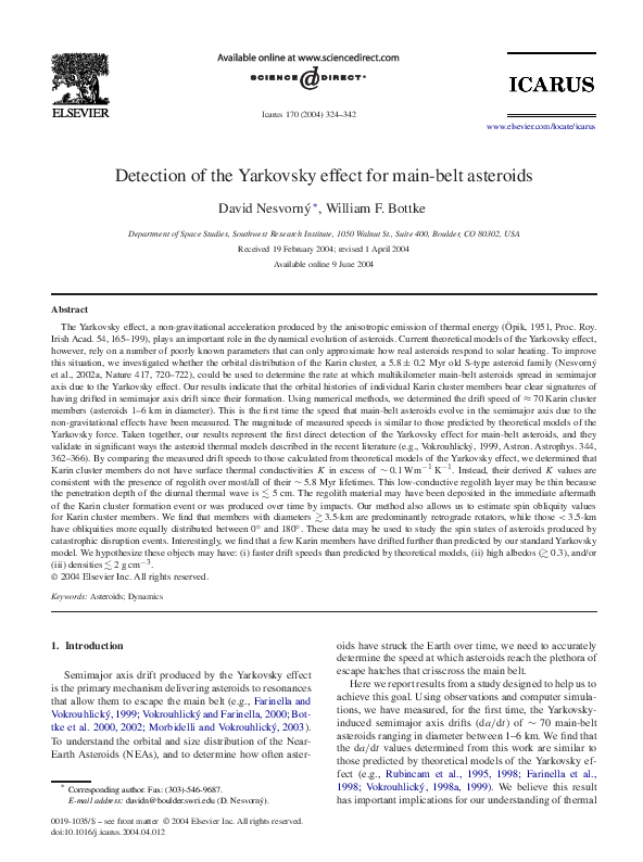Pdf Detection Of The Yarkovsky Effect For Main Belt Asteroids David