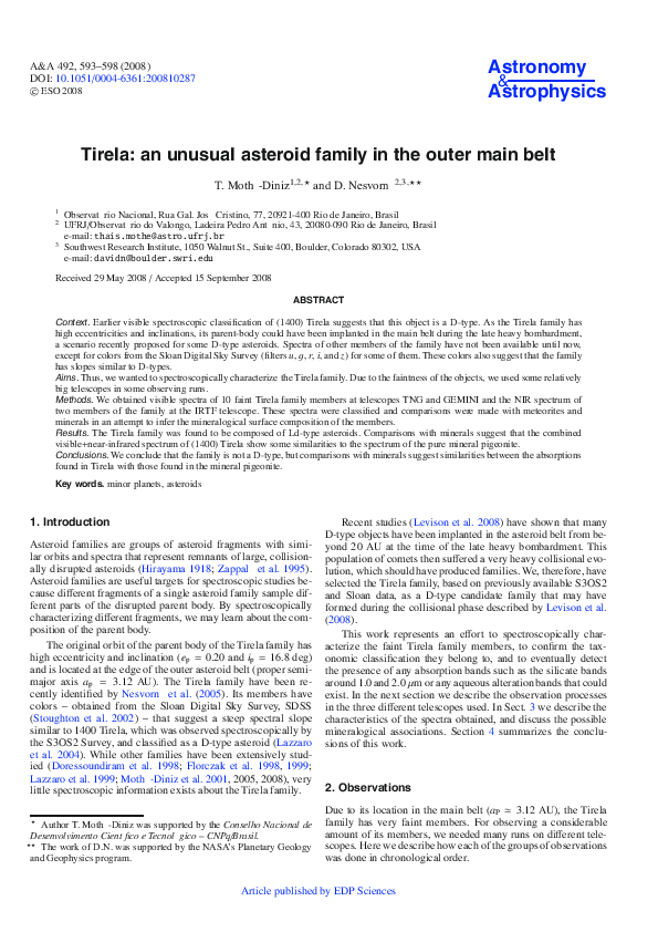 (PDF) Tirela: an unusual asteroid family in the outer main belt