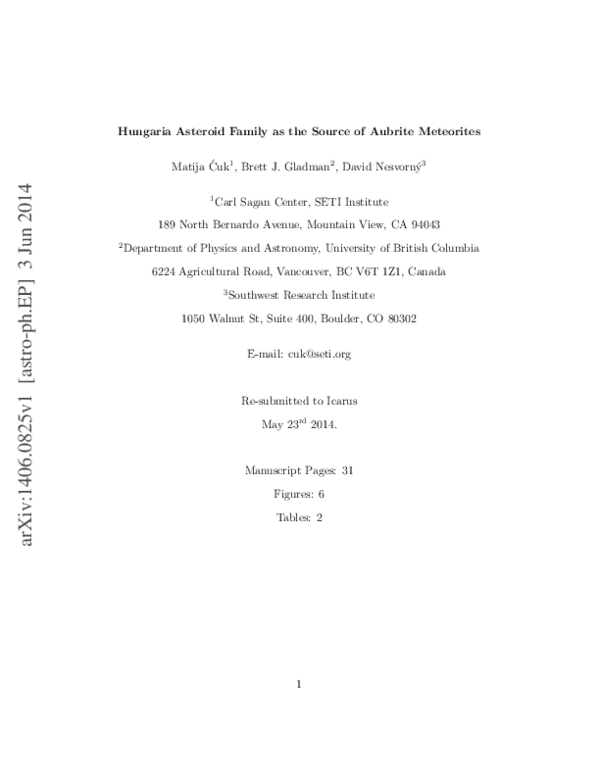 (PDF) Hungaria asteroid family as the source of aubrite meteorites