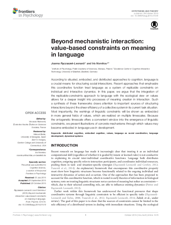(PDF) Rączaszek-Leonardi, J. & Nomikou, I. (2015). Beyond mechanistic ...