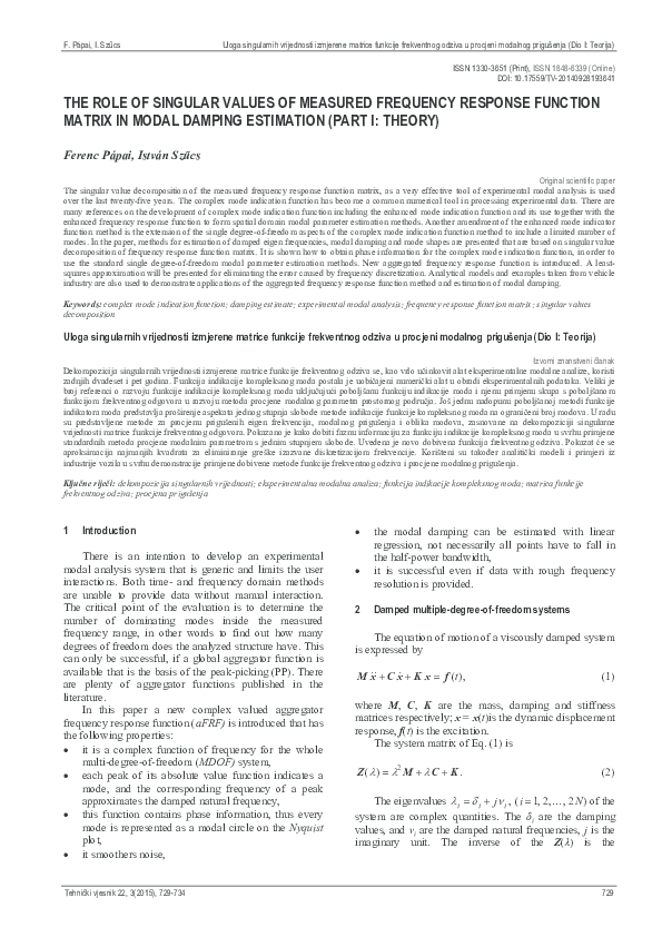 (PDF) THE ROLE OF SINGULAR VALUES OF MEASURED FREQUENCY RESPONSE FUNCTION MATRIX IN MODAL ...