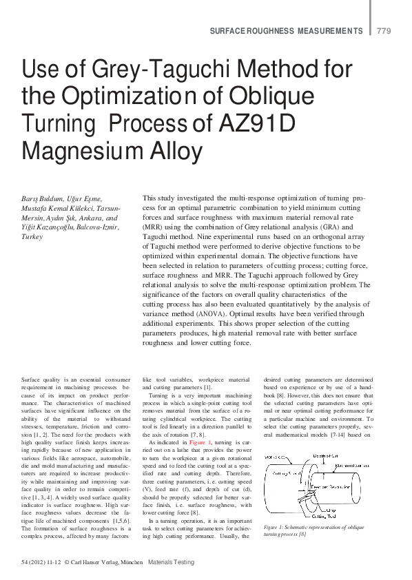(PDF) Use of Grey-Taguchi Method for the Optimization of Oblique Turning Process of AZ91D ...