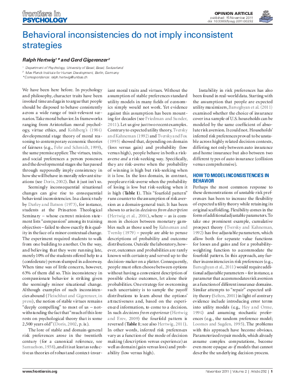 (PDF) Behavioral inconsistencies do not imply inconsistent strategies