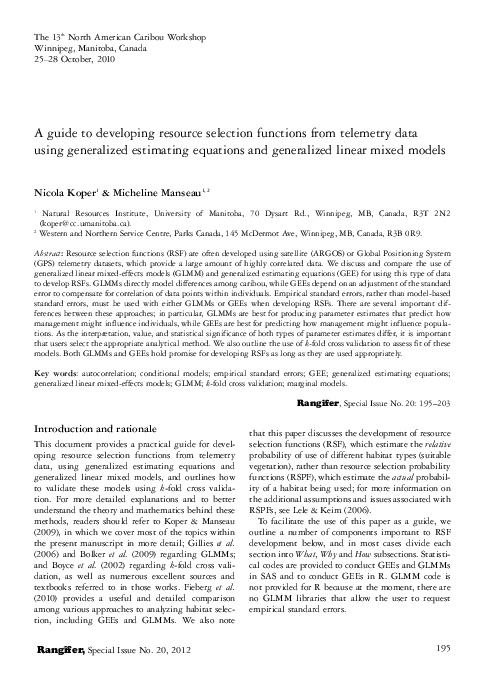 (PDF) A guide to developing resource selection functions from telemetry data using generalized ...