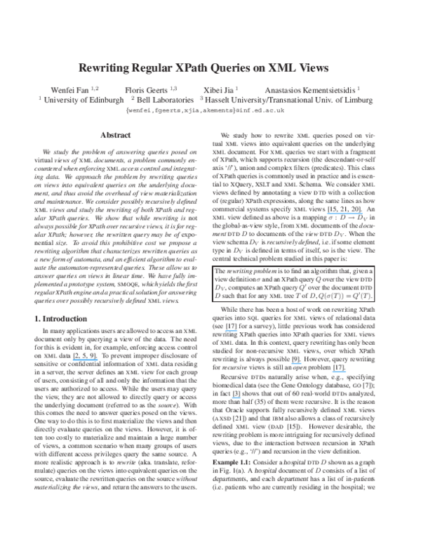 (PDF) Rewriting Regular XPath Queries on XML Views