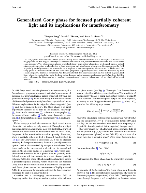 (PDF) Generalized Gouy phase for focused partially coherent light and ...