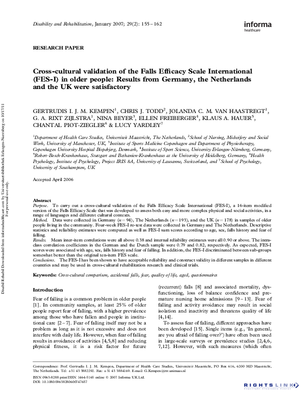 (PDF) Cross-cultural validation of the Falls Efficacy Scale ...