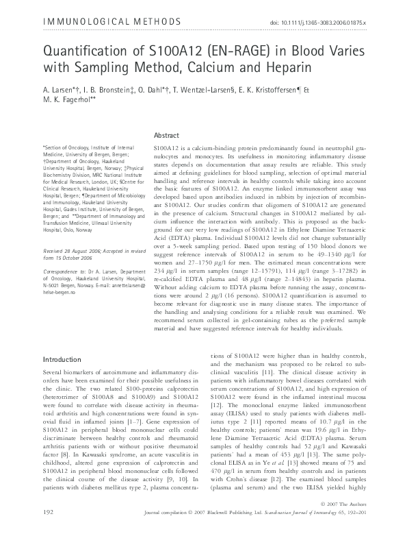 (PDF) Quantification of S100A12 (EN-RAGE) in Blood Varies with Sampling ...