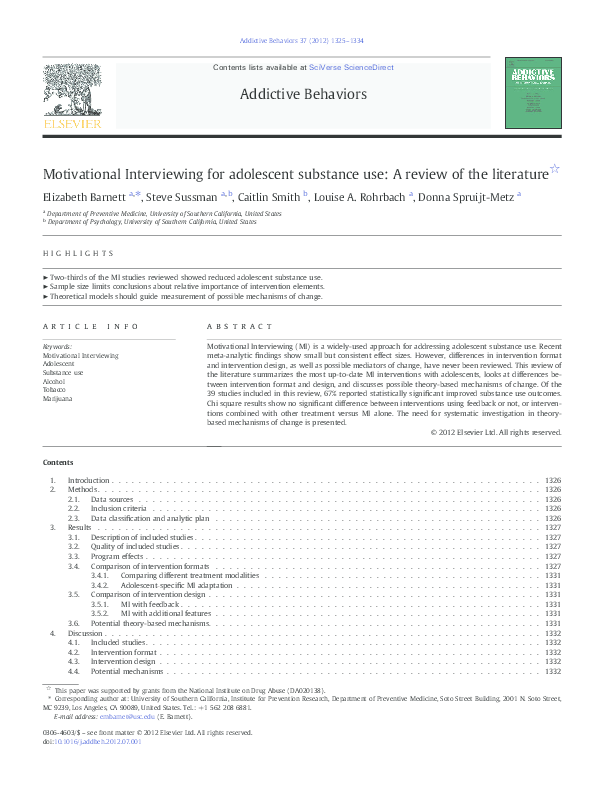(PDF) Motivational Interviewing for adolescent substance use: A review ...