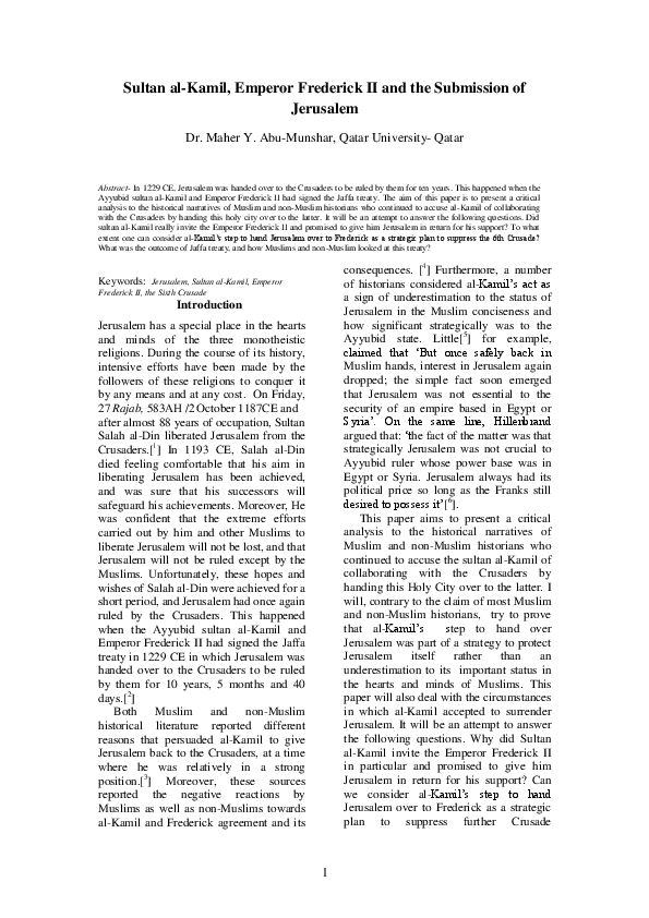 (PDF) Sultan al-Kamil, Emperor Frederick II and the Submission of Jerusalem