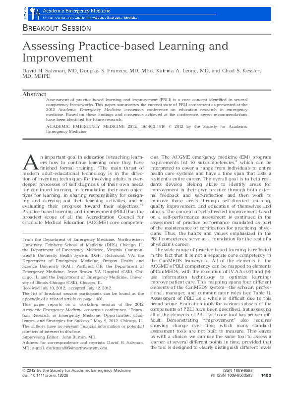 (PDF) Assessing Practice-based Learning and Improvement