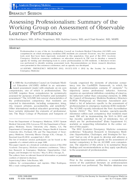 (PDF) Assessing Professionalism: Summary of the Working Group on ...