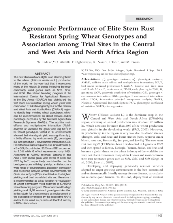 (PDF) Agronomic performance of elite stem rust resistant spring wheat genotypes and association ...