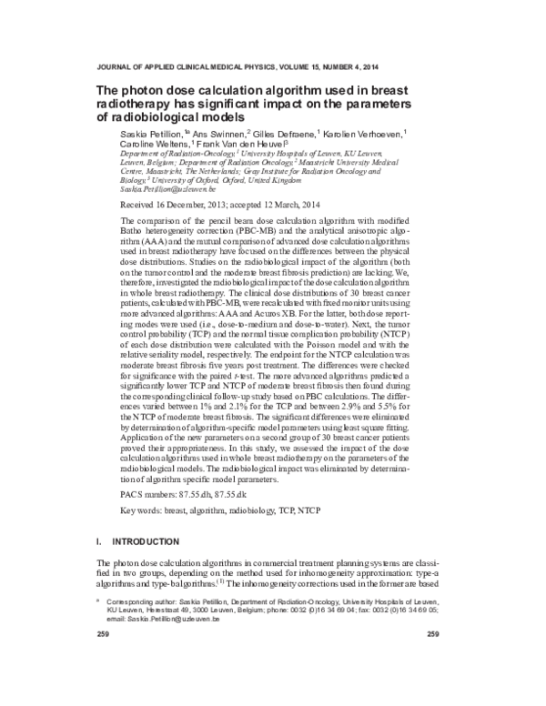 (PDF) The photon dose calculation algorithm used in breast radiotherapy has significant impact ...