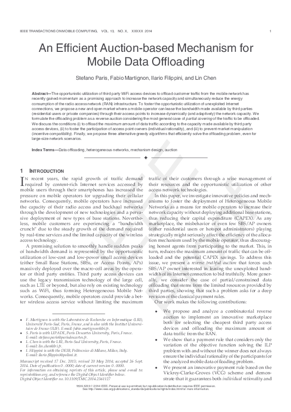 (PDF) Auction Mechanism for Mobile Data Offloading
