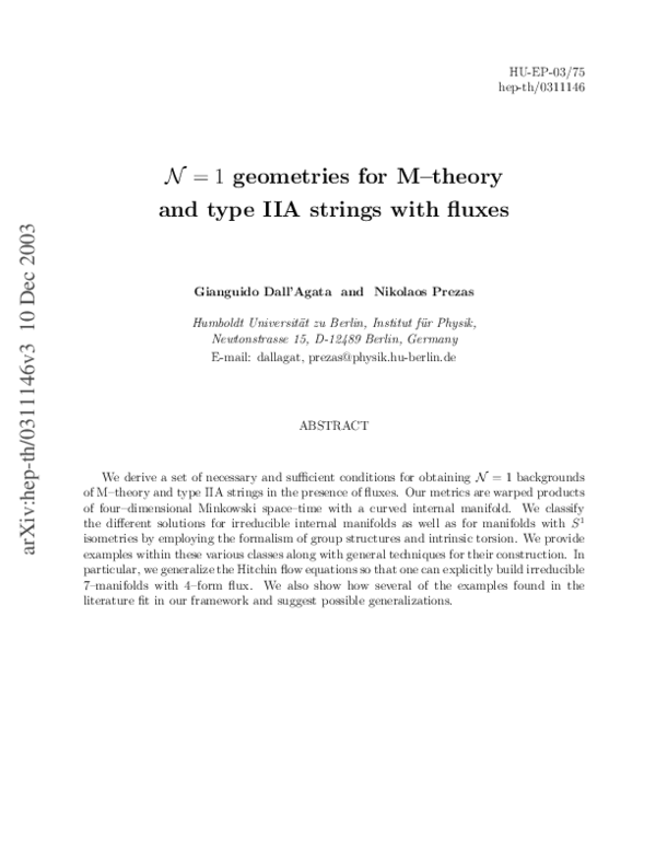(PDF) N=1 geometries for M theory and type IIA strings with fluxes