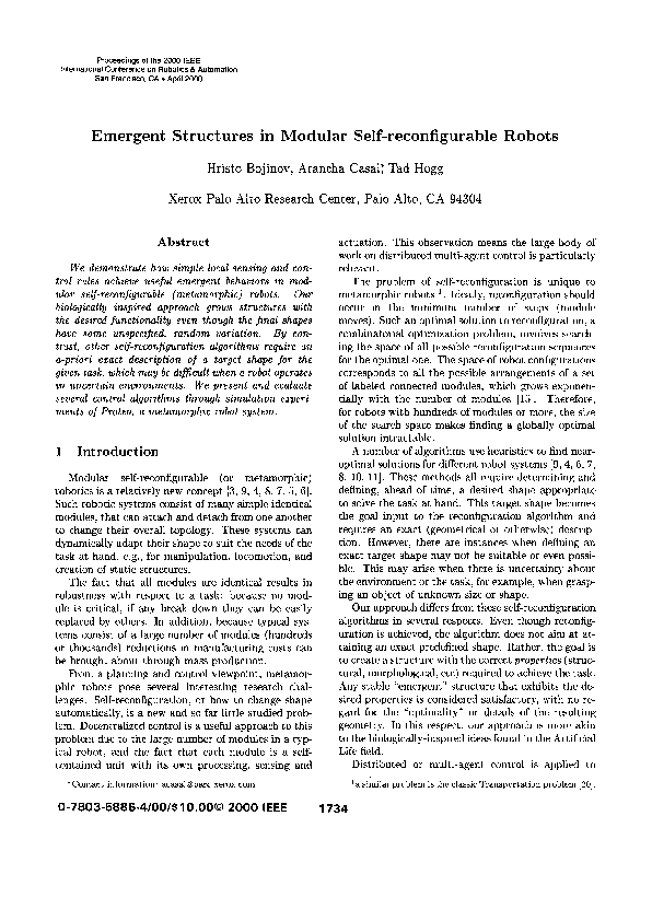 Pdf Emergent Structures In Modular Self Reconfigurable Robots