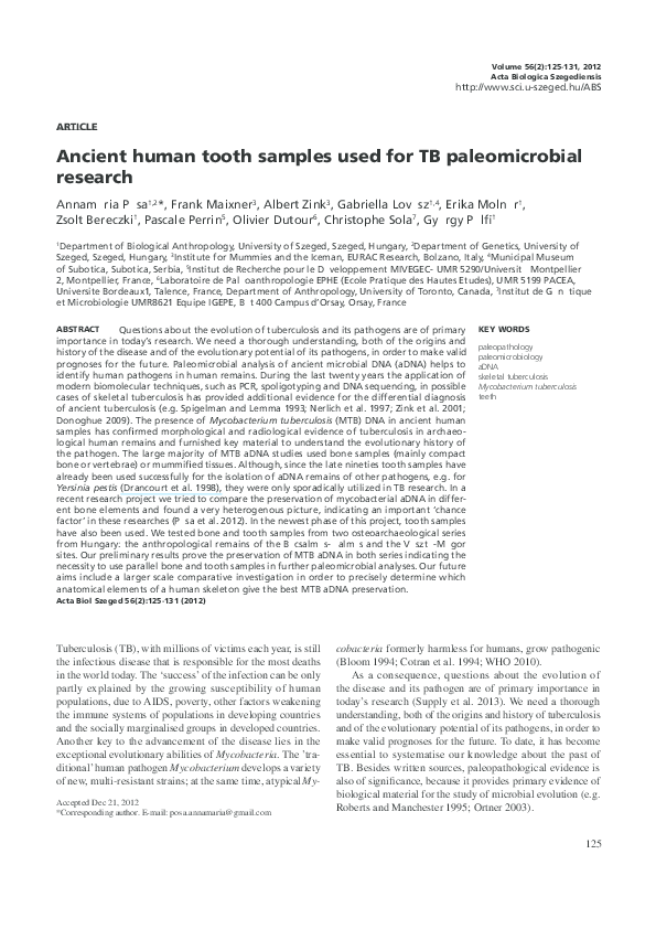 (PDF) Ancient human tooth samples used for TB paleomicrobial research