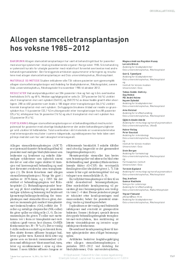 (PDF) Allogen stamcelletransplantasjon hos voksne 1985 – 2012