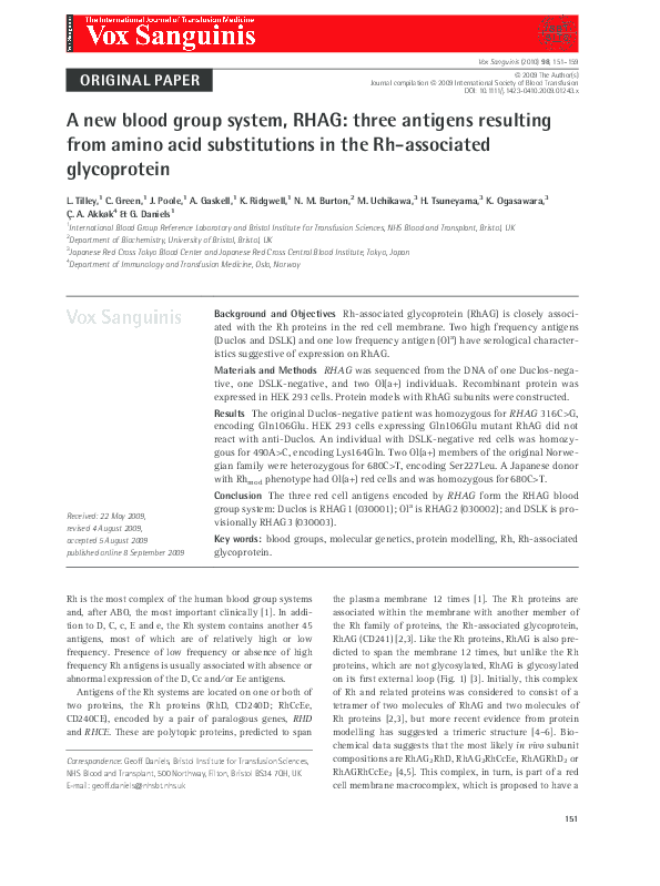 (PDF) A new blood group system, RHAG: three antigens resulting from ...