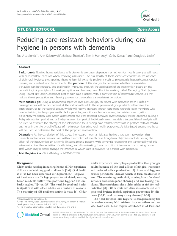 (PDF) Reducing care-resistant behaviors during oral hygiene in persons ...