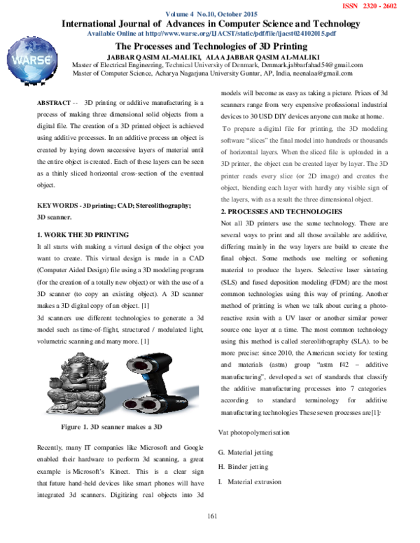 (PDF) The Processes and Technologies of 3D Printing