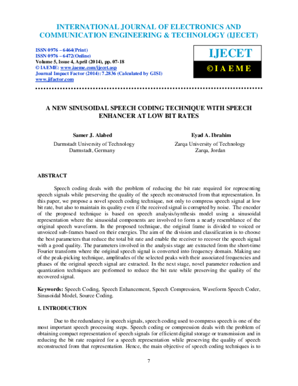 Pdf 2 A New Sinusoidal Speech Coding Technique With Speech Enhancer