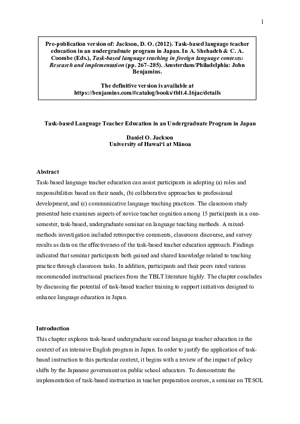 (PDF) Task-based language teacher education in an undergraduate program in Japan