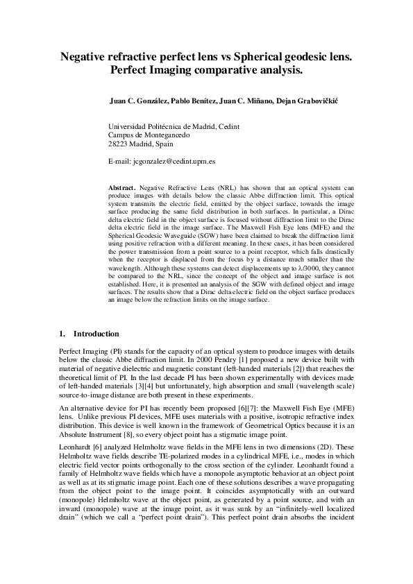 (PDF) Negative refractive perfect lens vs Spherical geodesic lens. Perfect Imaging comparative ...