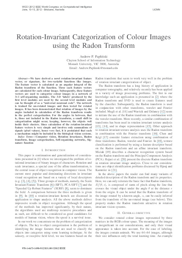 Pdf Rotation Invariant Categorization Of Colour Images Using The Radon Transform