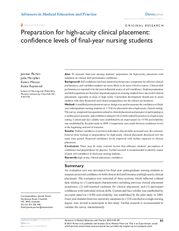 (PDF) Preparation for high-acuity clinical placement: confidence levels ...