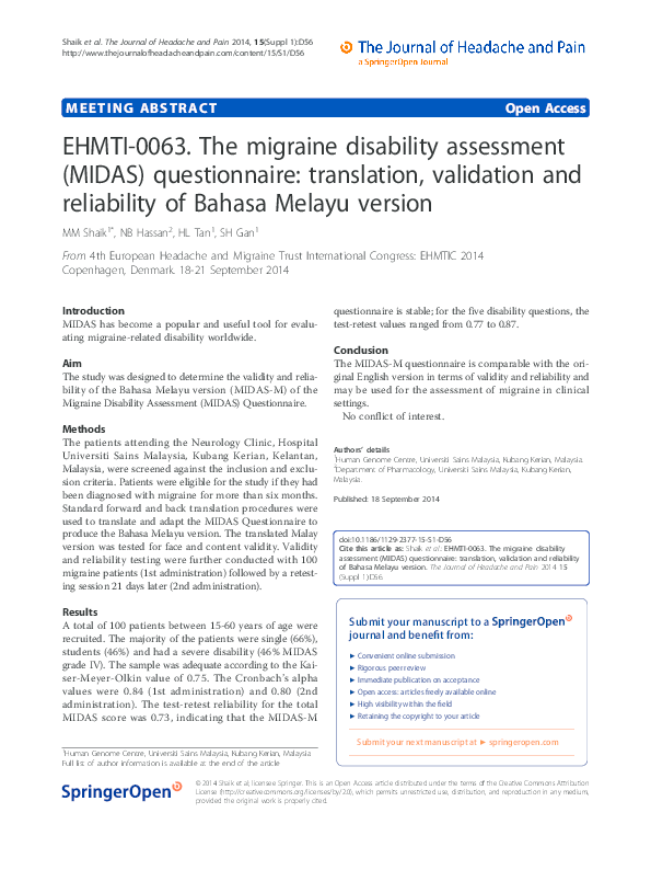 (PDF) EHMTI-0063. The migraine disability assessment (MIDAS ...