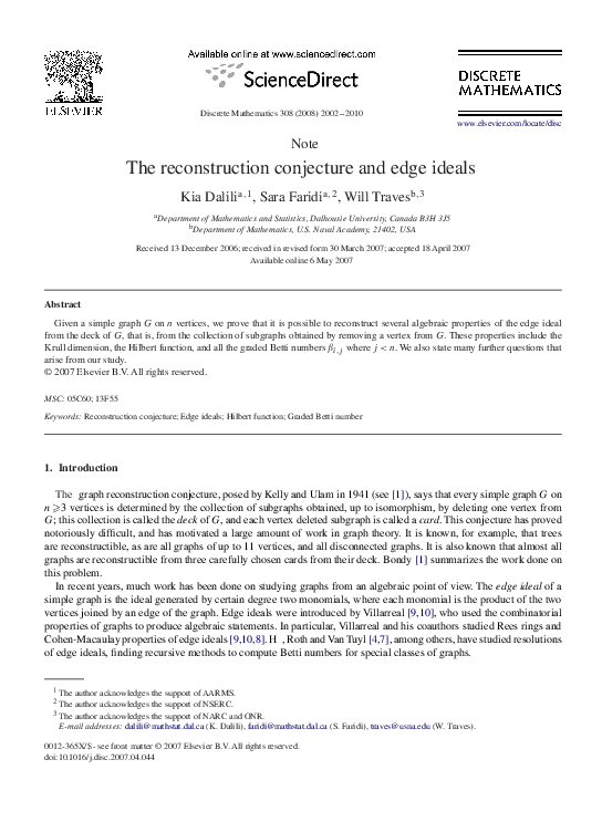 (PDF) The reconstruction conjecture and edge ideals