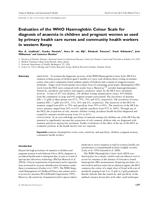 (PDF) Evaluation of the WHO Haemoglobin Colour Scale for diagnosis of ...