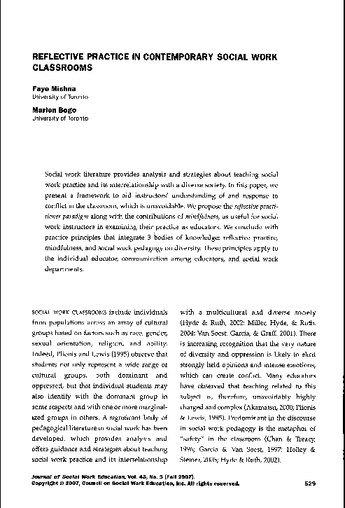 (PDF) REFLECTIVE PRACTICE IN CONTEMPORARY SOCIAL WORK CLASSROOMS