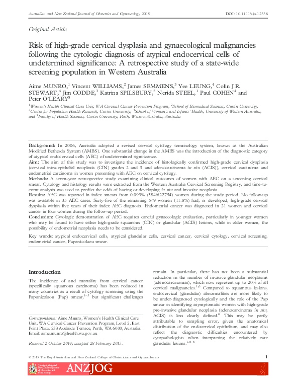 (PDF) Risk of high-grade cervical dysplasia and gynaecological ...