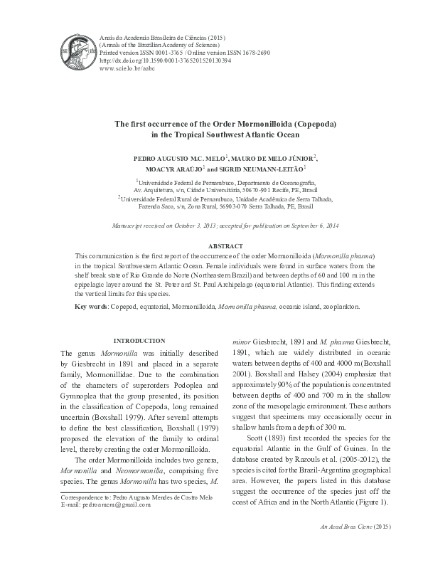 (PDF) The first occurrence of the Order Mormonilloida (Copepoda) in the ...