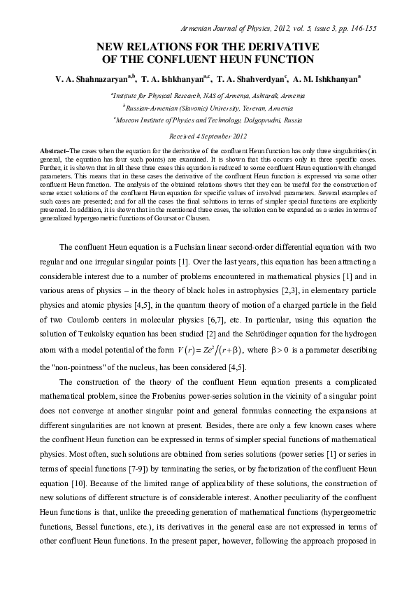(PDF) New relations for the derivative of the confluent Heun function