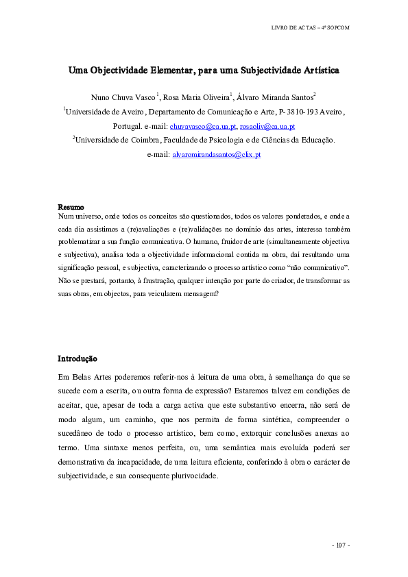 (PDF) Uma Objectividade Elementar, para uma Subjectividade Artística